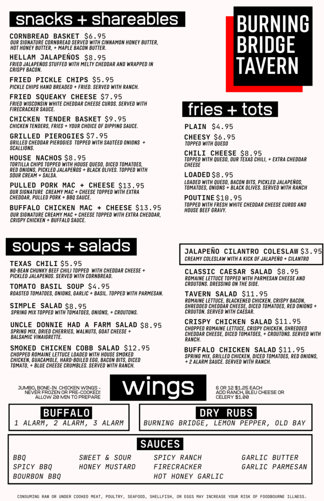 Menu - Burning Bridge Tavern | Wrightsville, PA