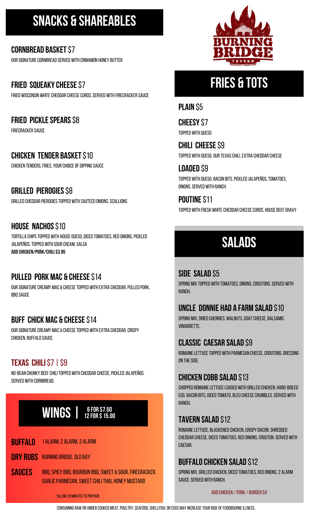 Menu - Burning Bridge Tavern | Wrightsville, PA