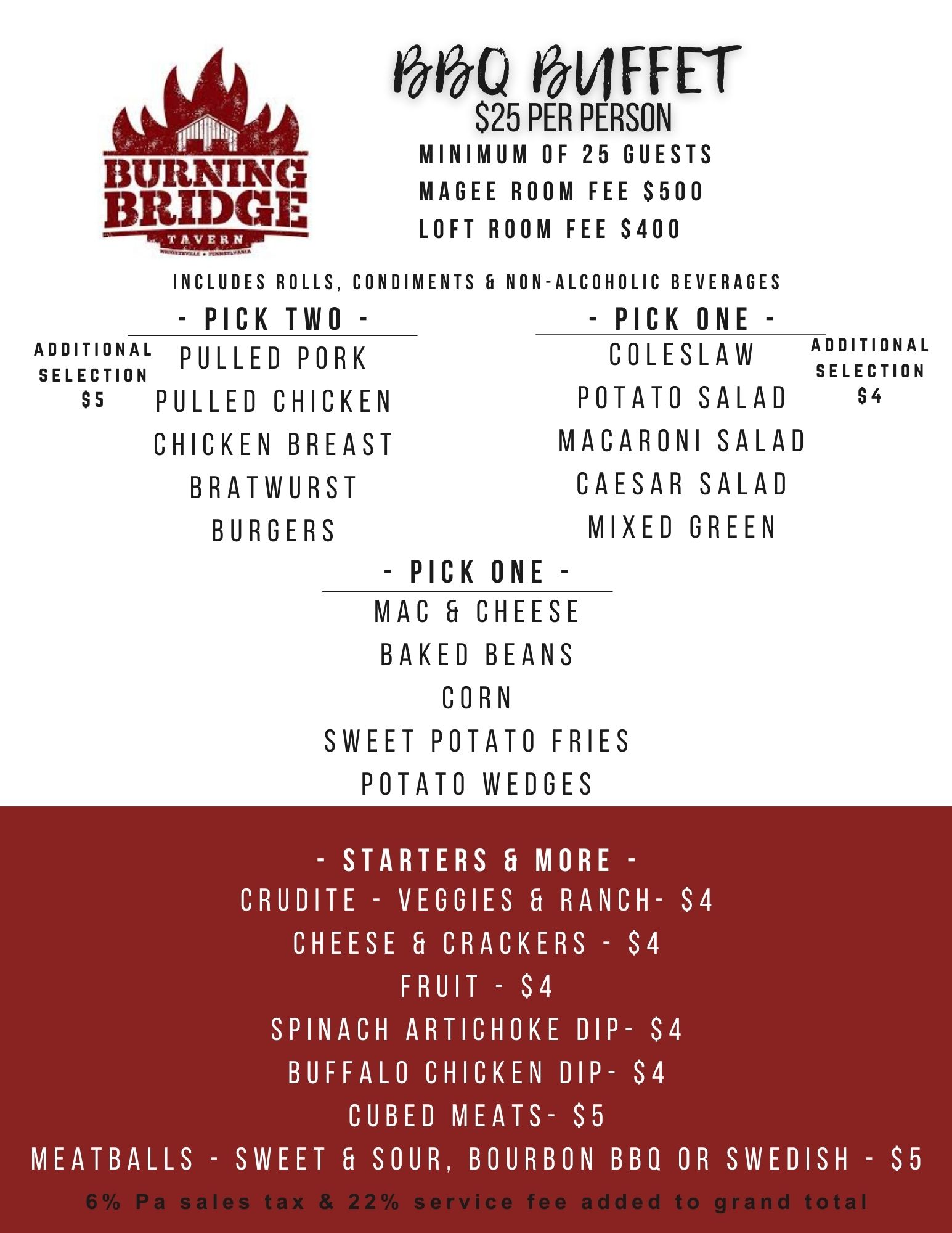 The Event Menus - Burning Bridge Tavern | Wrightsville, PA